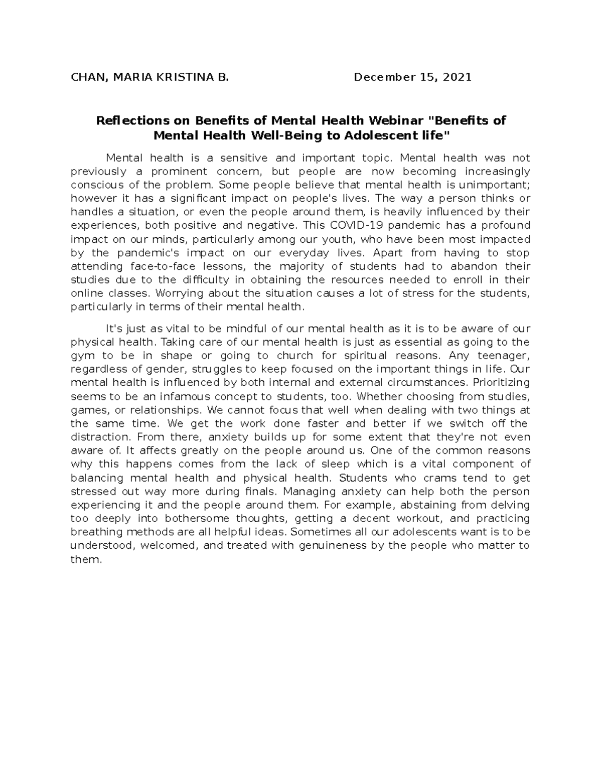 Reflection on benefits of mental health on child - CHAN, MARIA KRISTINA ...