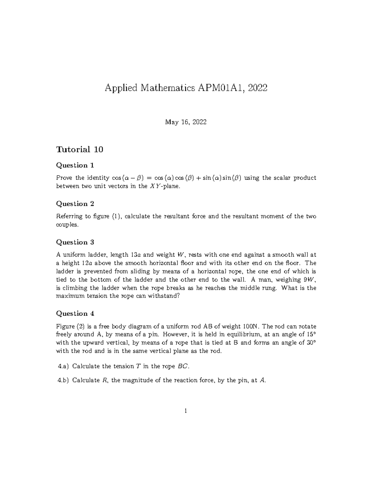 1a2022tut10 - Applied Mathematics Tutorial 10 questions for the year ...