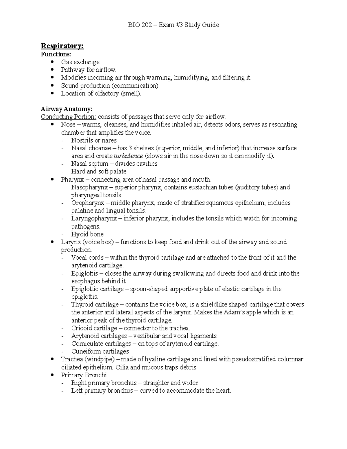 BIO 202 - Exam 3 Study Guide - Respiratory: Functions: Gas exchange ...
