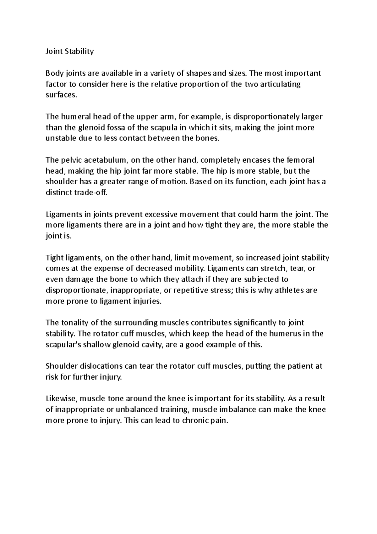 Joint Stability - Anatomy notes - Joint Stability Body joints are ...