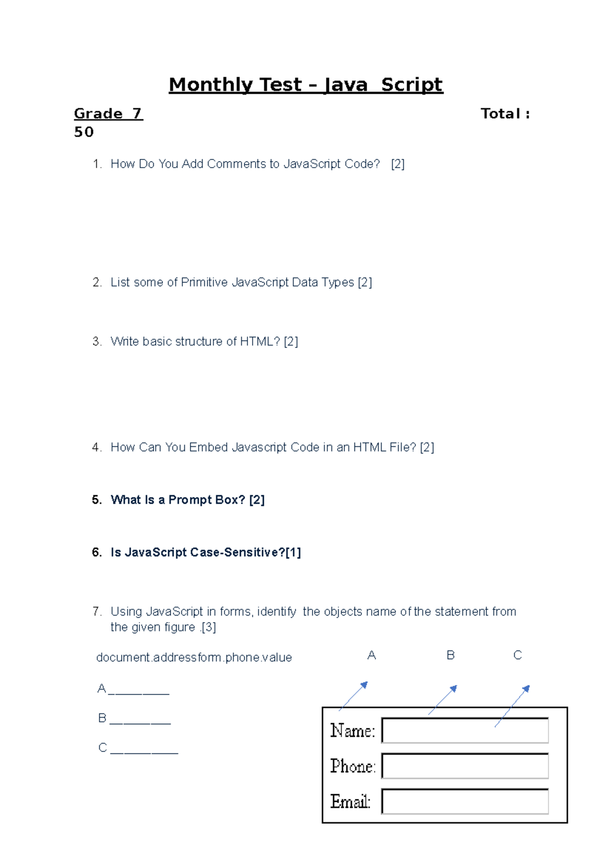 Monthly test ict - Monthly Test – Java Script Grade 7 Total : 50 How Do ...