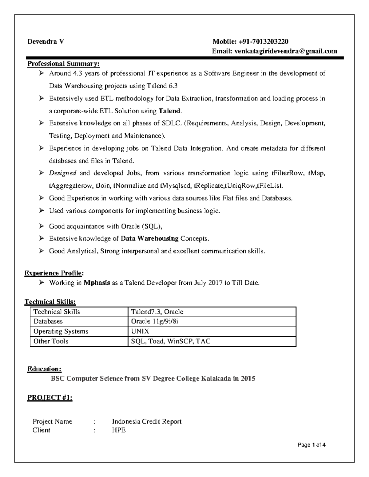 549615448 Resume Deva 1 - Devendra V Mobile: +91- 7013203220 Email ...