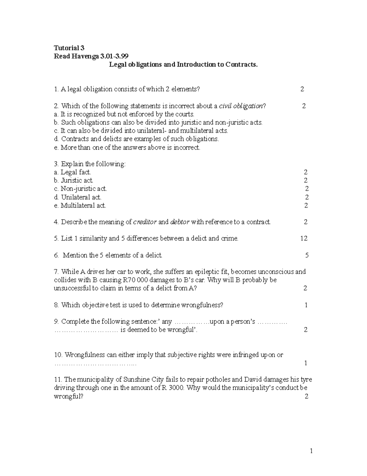 ACL 111 tutorial 3 - Legal obligations and Introduction to Contracts ...