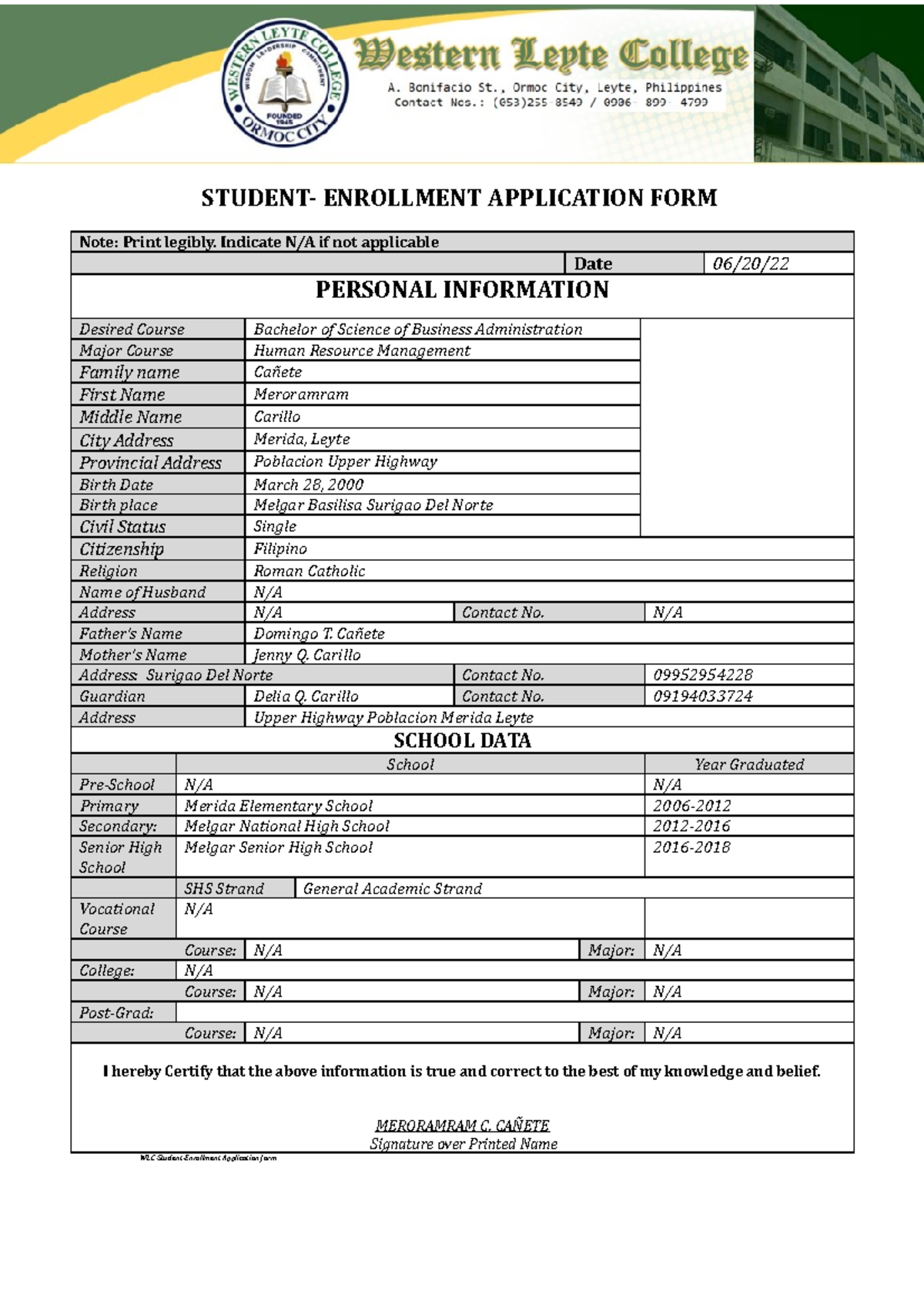 Student Infromation Sheet - STUDENT- ENROLLMENT APPLICATION FORM Note ...
