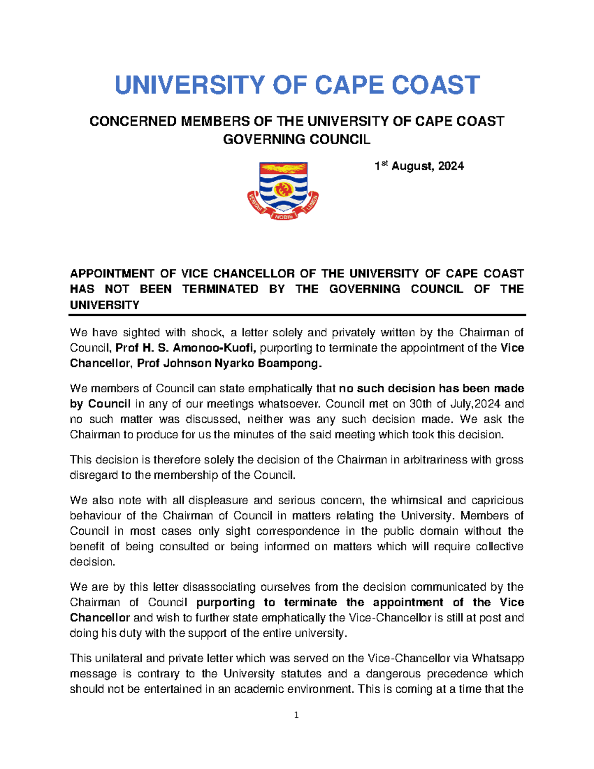 Press Release UCC - Notes - 1 UNIVERSITY OF CAPE COAST CONCERNED ...