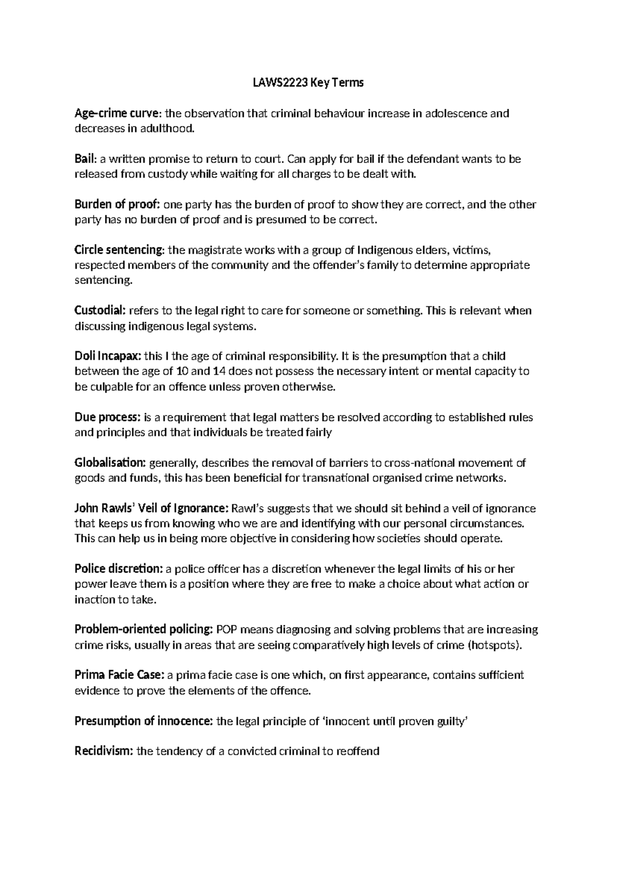 LAWS2223 Defintions AND KEY LAWS - LAWS2223 Key Terms Age-crime curve ...