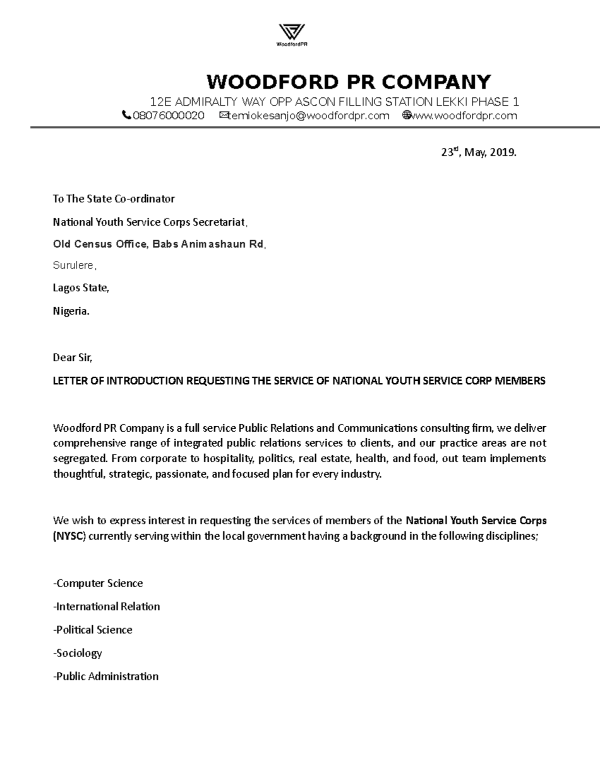 NYSC Letter - lagos@nysc.gov.ng - WOODFORD PR COMPANY 12E ADMIRALTY WAY ...