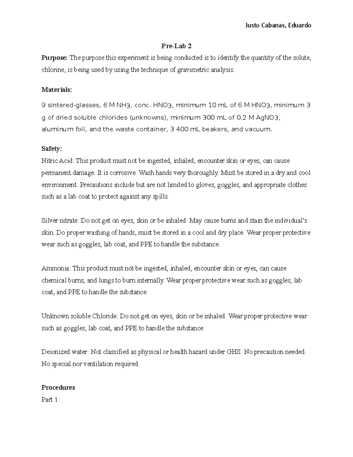 Pre lab 2 chem for chemistry 3120c spring 2021 - Justo Cabanas, Eduardo ...