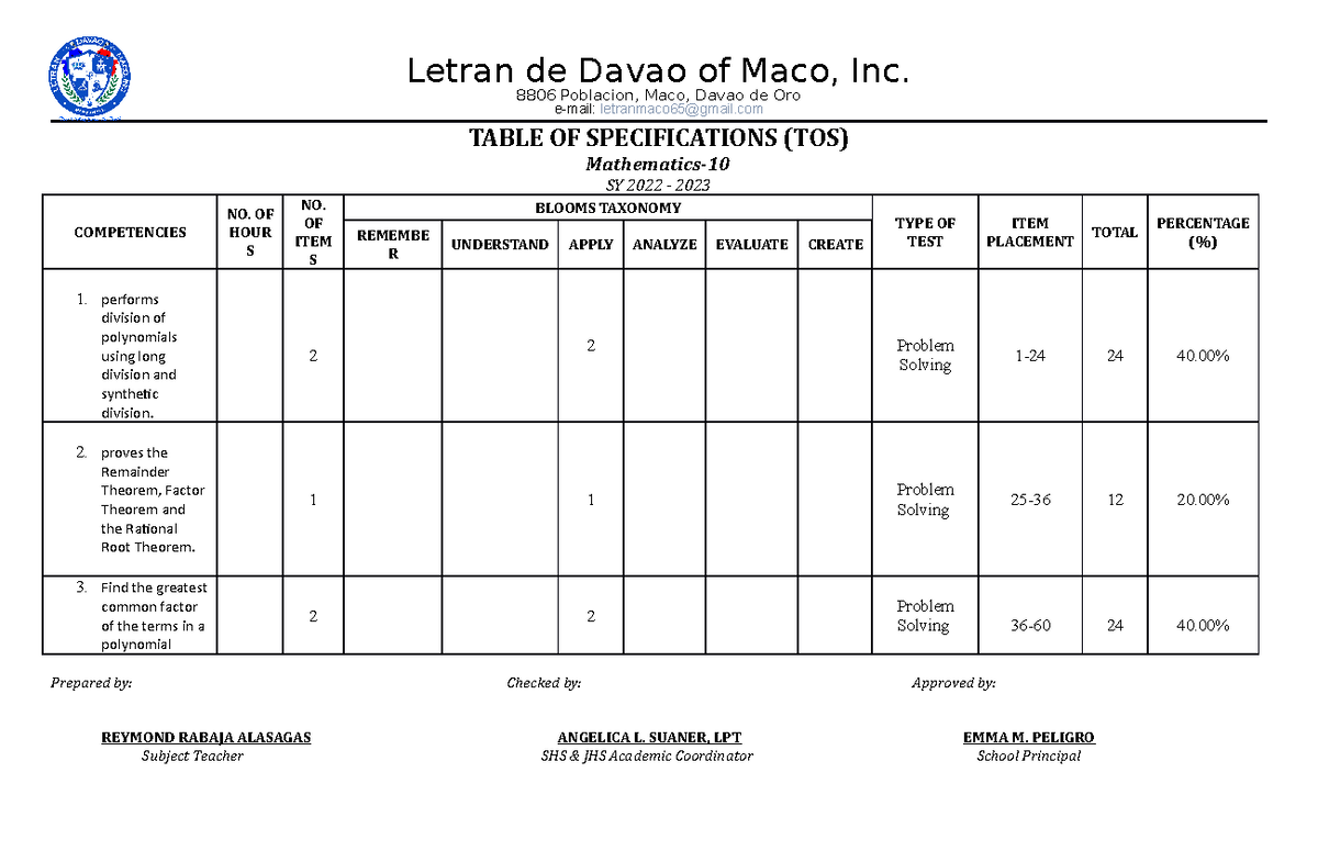 First Periodical Exam in Math10-t OS -2022-2023 Letran - Letran de ...