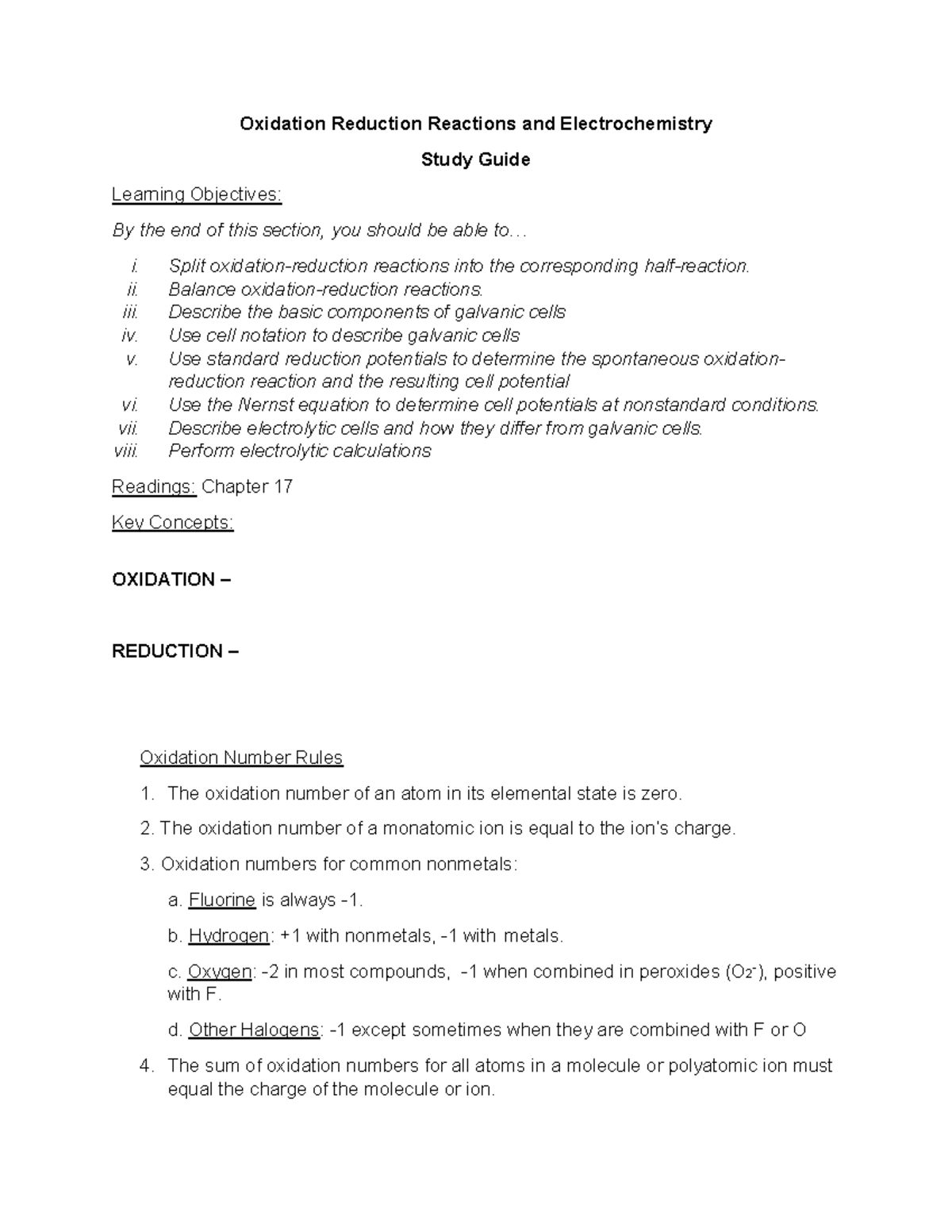 Electrochemistry Study Guide - Oxidation Reduction Reactions and ...