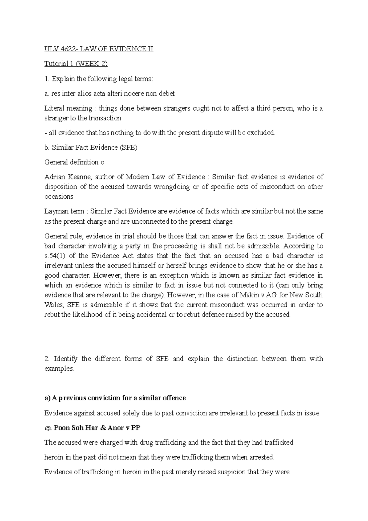 EVI TUTO 1 - Evidence Law II - Tuto 1 Week 2 - ULV 4622- LAW OF ...