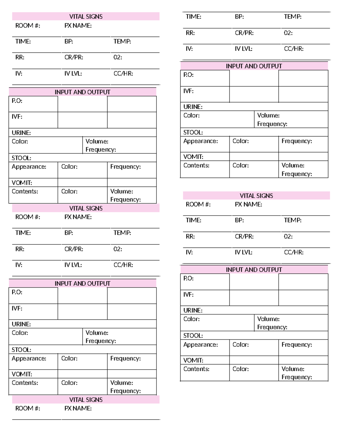 Vital Signs Sheet - VITAL SIGNS ROOM #: PX NAME: TIME: BP: TEMP: RR: CR ...