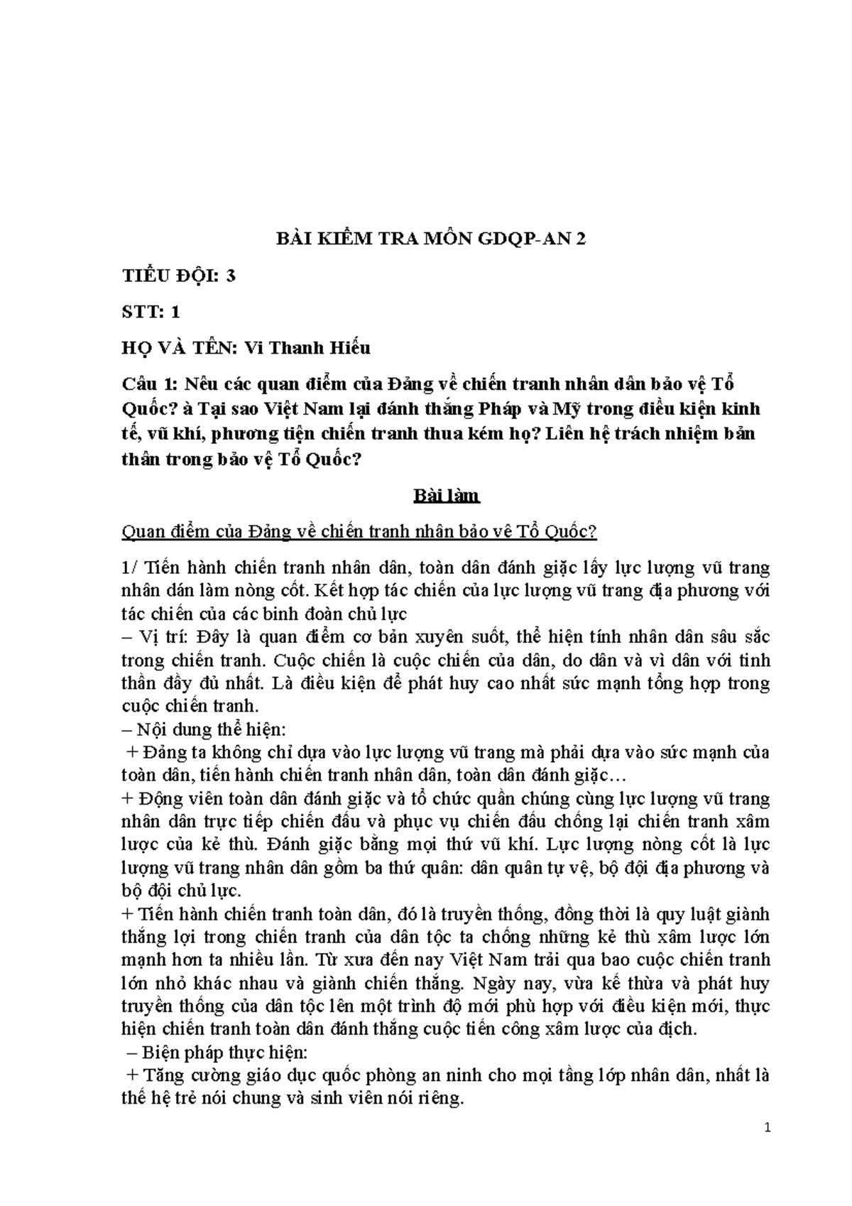BÀI KIỂM TRA GDQP2,Vi Thanh Hieu - BÀI KIỂM TRA MÔN GDQP-AN 2 TIỂU ĐỘI: 3 STT: 1 HỌ VÀ TÊN: Vi ...