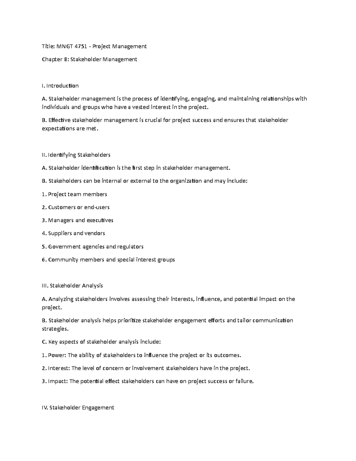 Project Management ch 8 - Title: MNGT 4751 - Project Management Chapter 8: Stakeholder ...