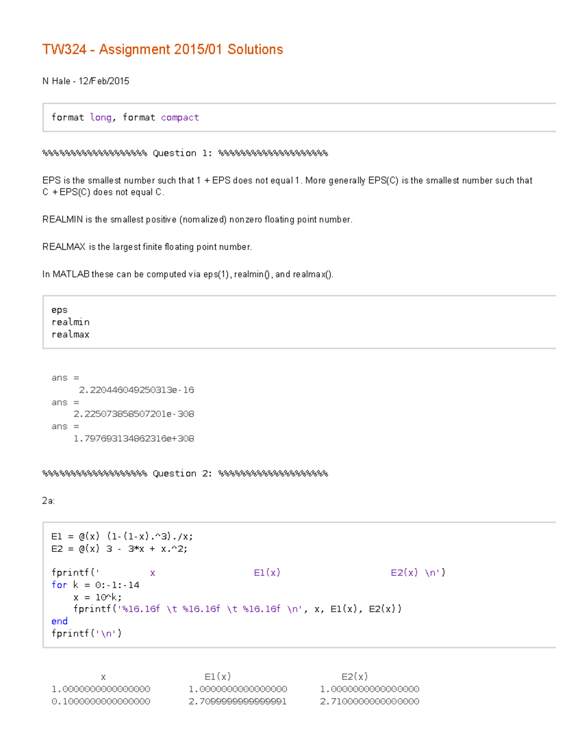 Computer Assignment Solution - TW324 ­ Assignment 2015/01 Solutions N ...