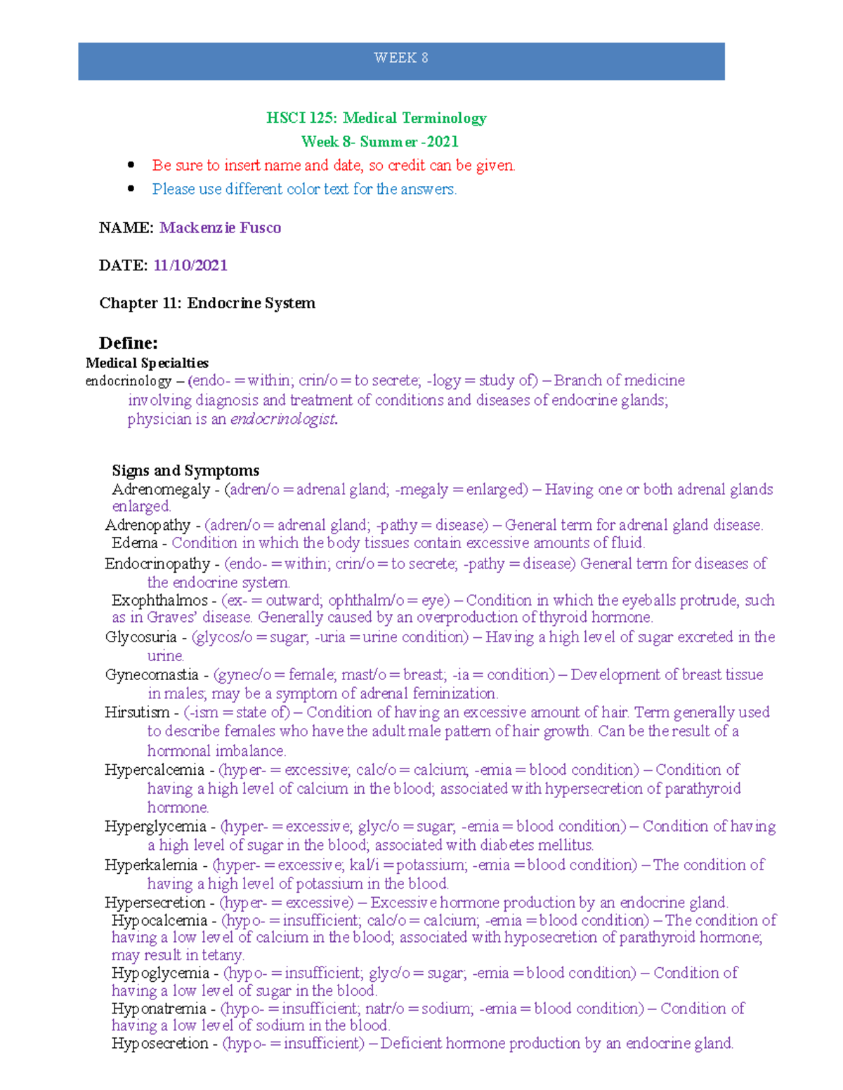 Week 8 HSCI 125 - Weekly Med Term Assignments - HSCI 125: Medical ...