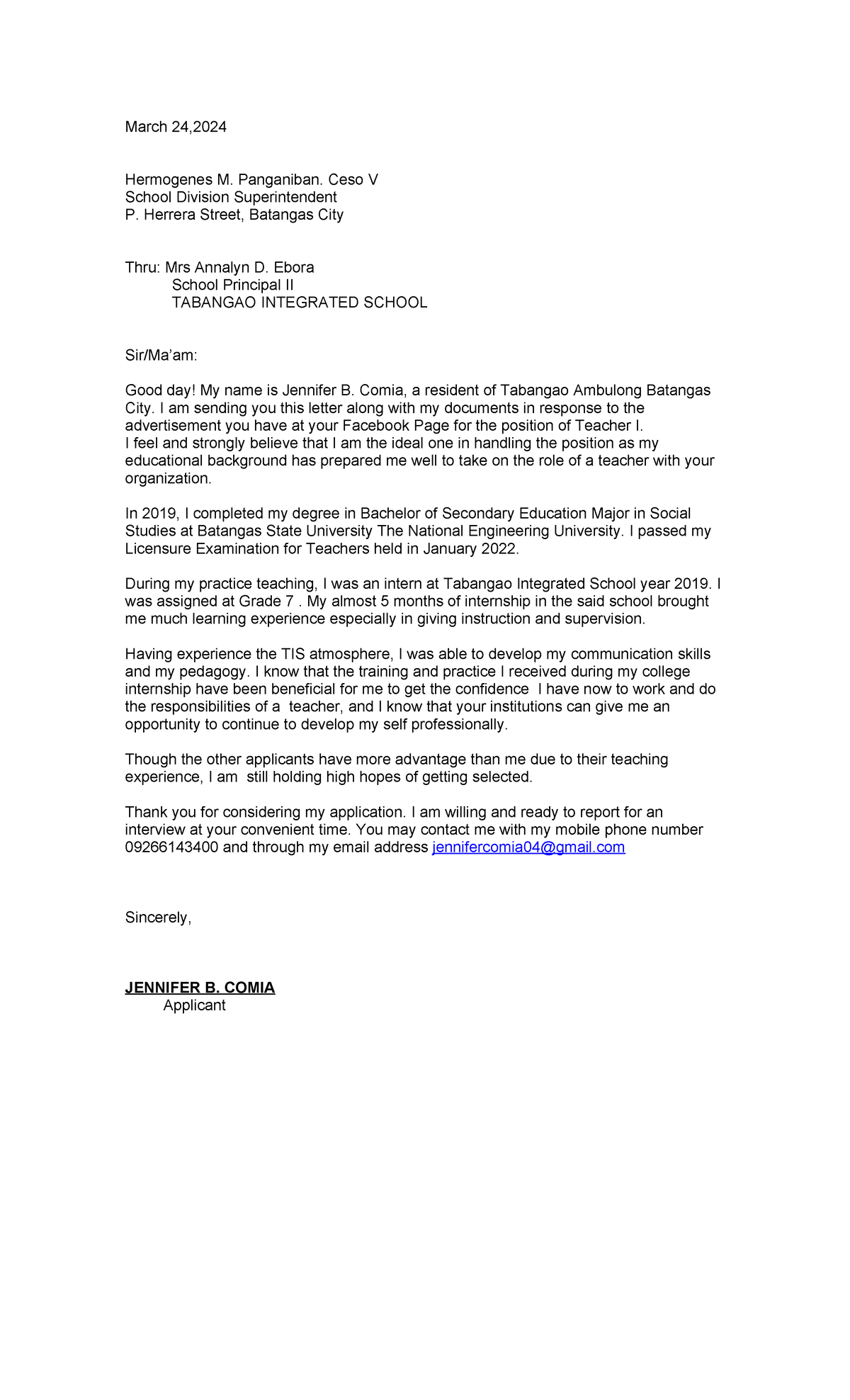 Letter OF Intent - March 24, Hermogenes M. Panganiban. Ceso V School ...