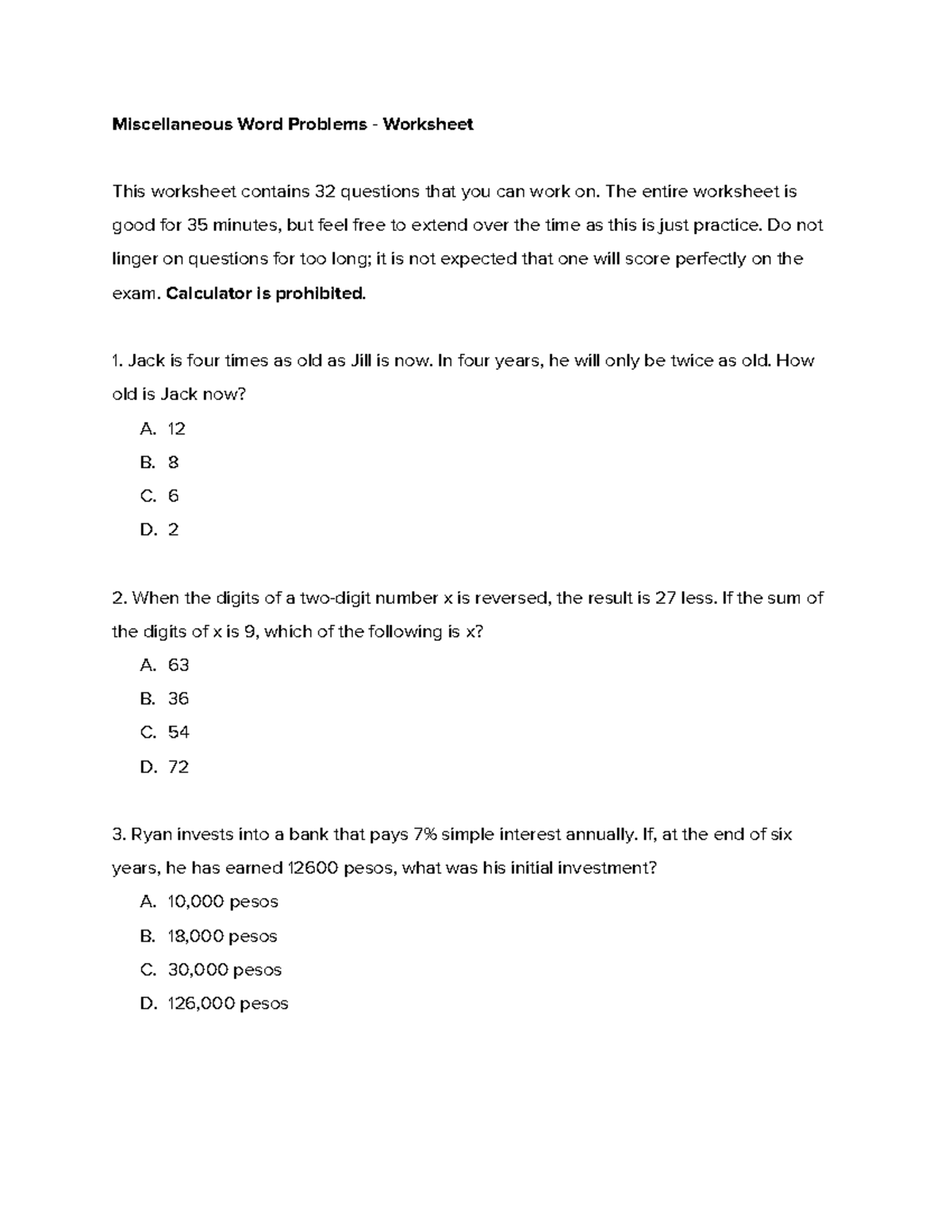 Algebra - Miscellaneous Word Problems Worksheet - Miscellaneous Word ...