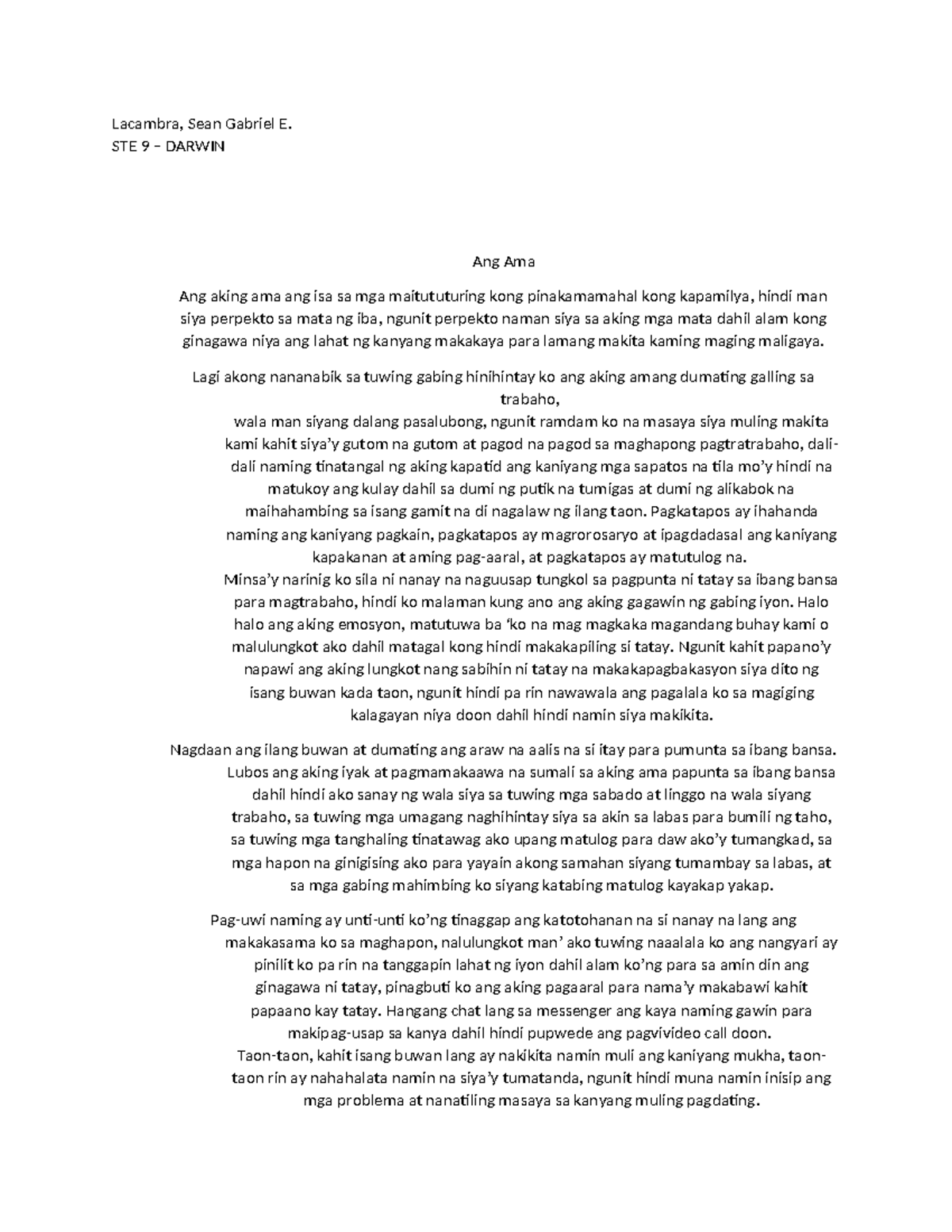 Lacambra - dasd - Lacambra, Sean Gabriel E. STE 9 – DARWIN Ang Ama Ang ...