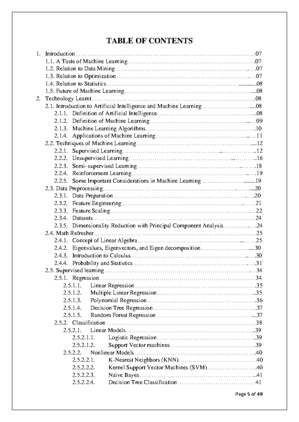 569273304 AIML Internship Report - TABLE OF CONTENTS - Studocu