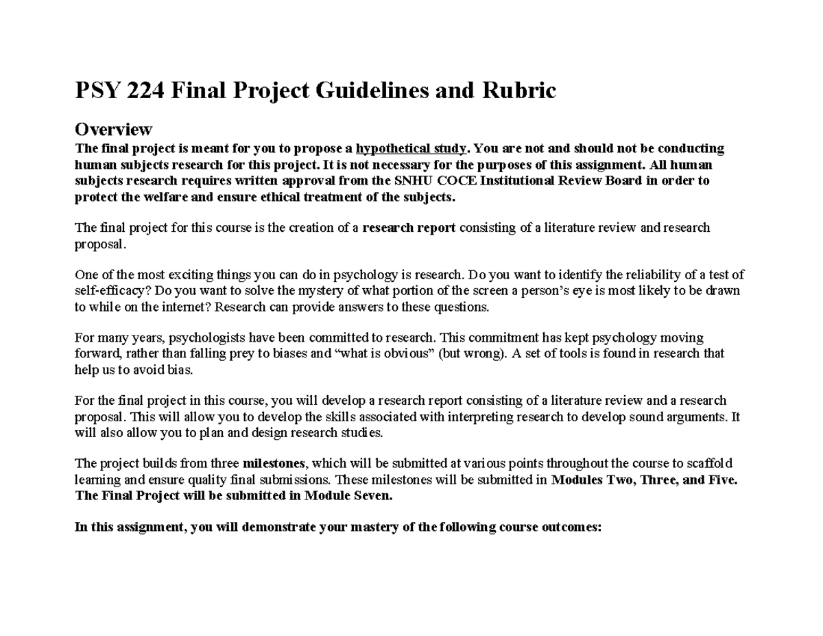 PSY 224 Final Project Guidelines and Rubric - You are not and should ...