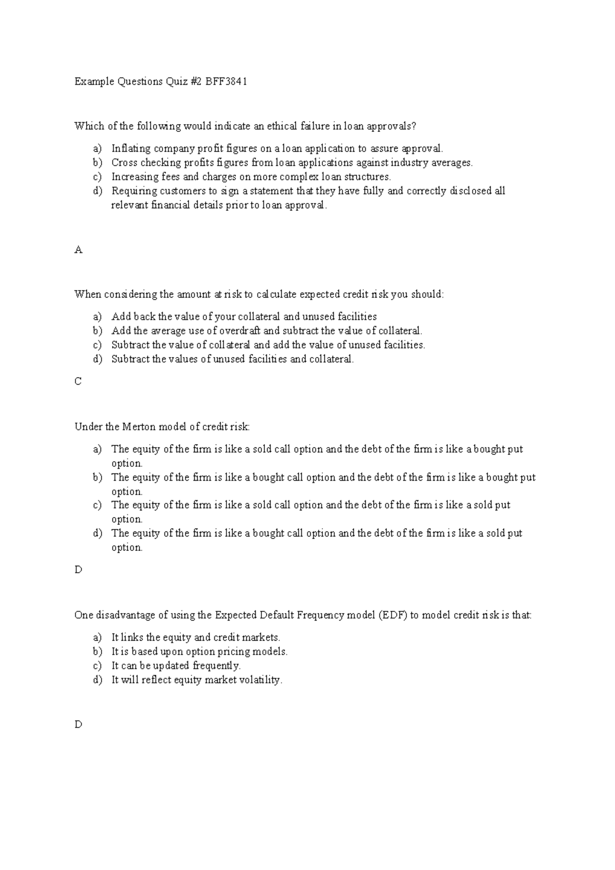 BFF3841 Credit Analysis and Lending Managment Quiz 2 example questions ...