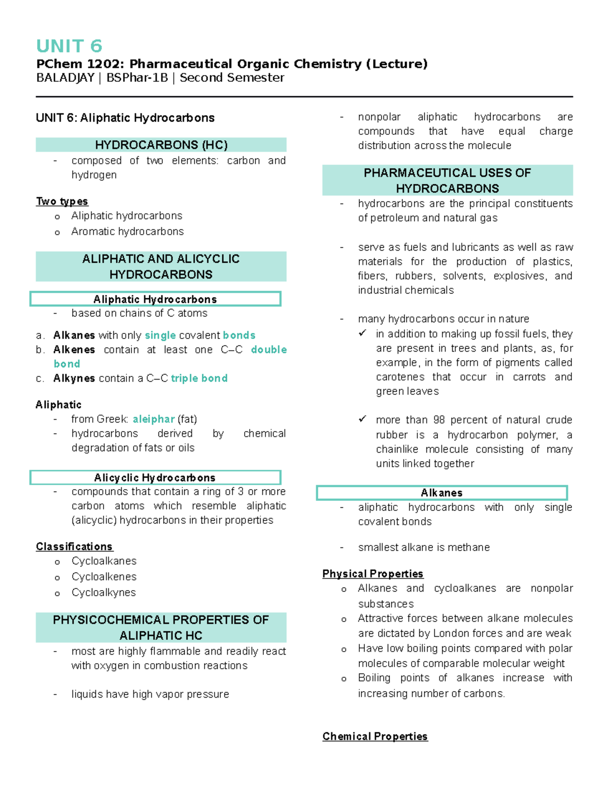 Org Chem Lec Unit 6 - Pharmaceutical Organic Chemistry - PChem 1202 ...