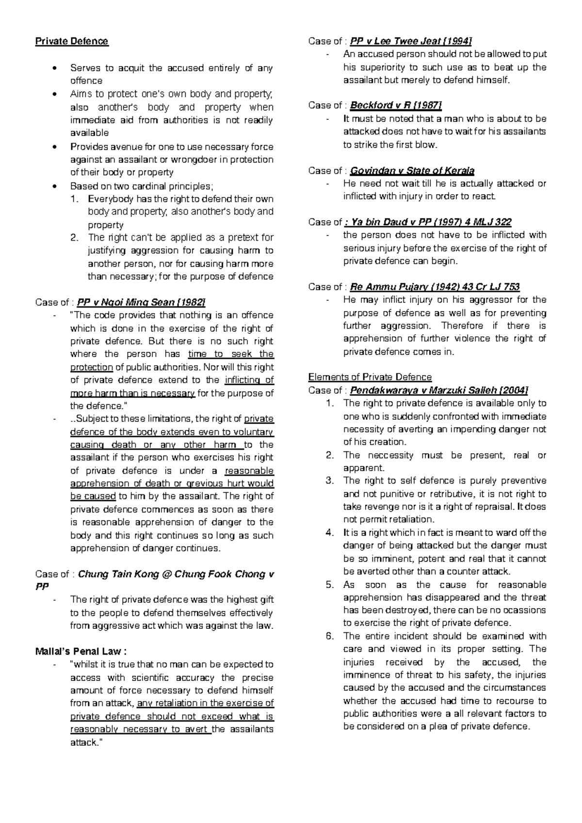 Criminal LAW II Notes - Private Defence - Serves to acquit the accused ...