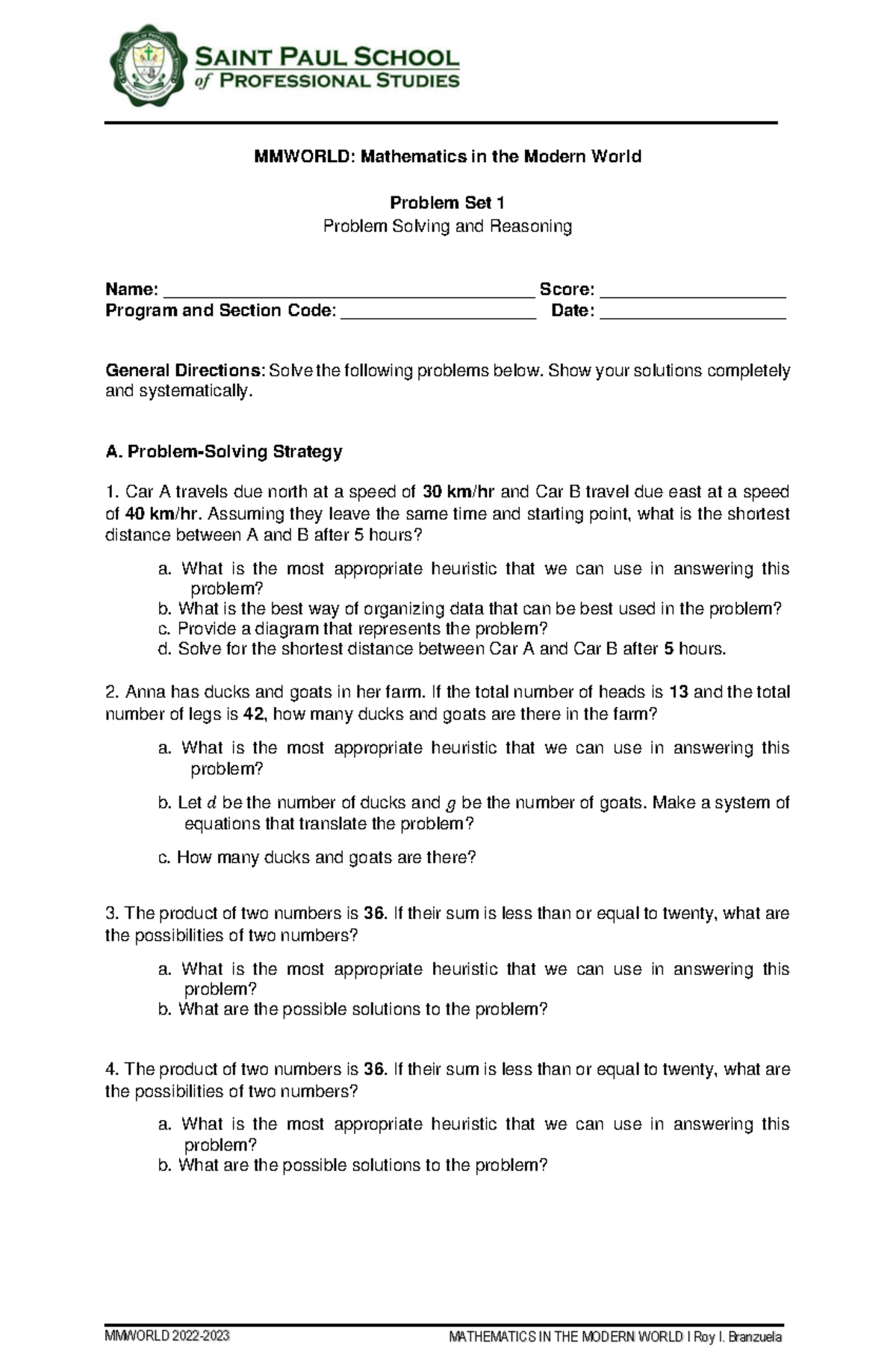 Problem SET 1 Block 3-1 - given - MMWORLD 2022-2023 MATHEMATICS IN THE MODERN WORLD I Roy I ...