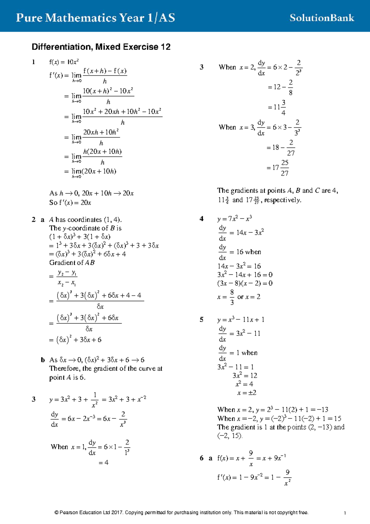 Alevelsb p1 ex12mix - A level maths - Differentiation, Mixed Exercise ...