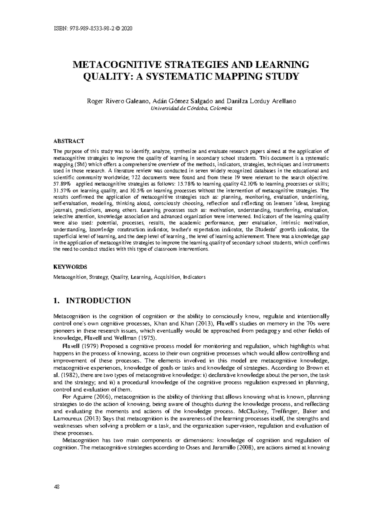 ED622018 - METACOGNITIVE STRATEGIES AND LEARNING QUALITY: A SYSTEMATIC MAPPING STUDY Roger ...