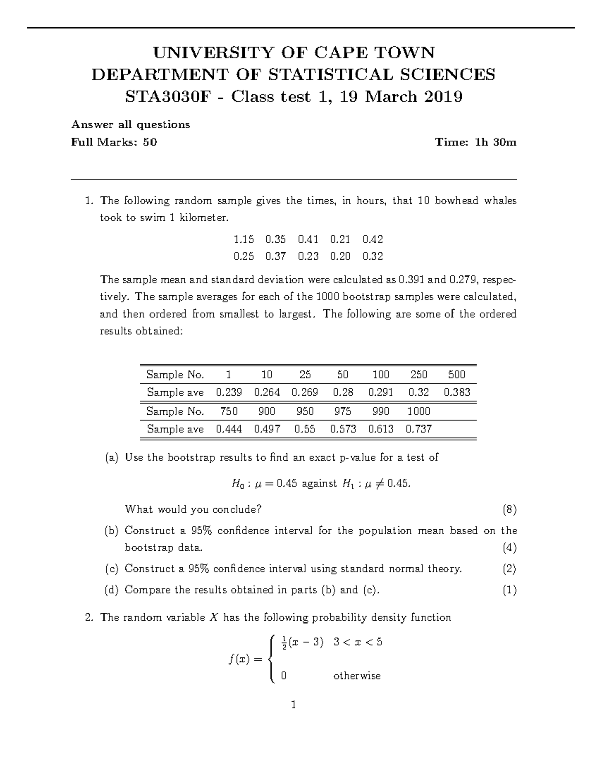 STA3030F Test 1 2019 - UNIVERSITY OF CAPE TOWN DEPARTMENT OF ...