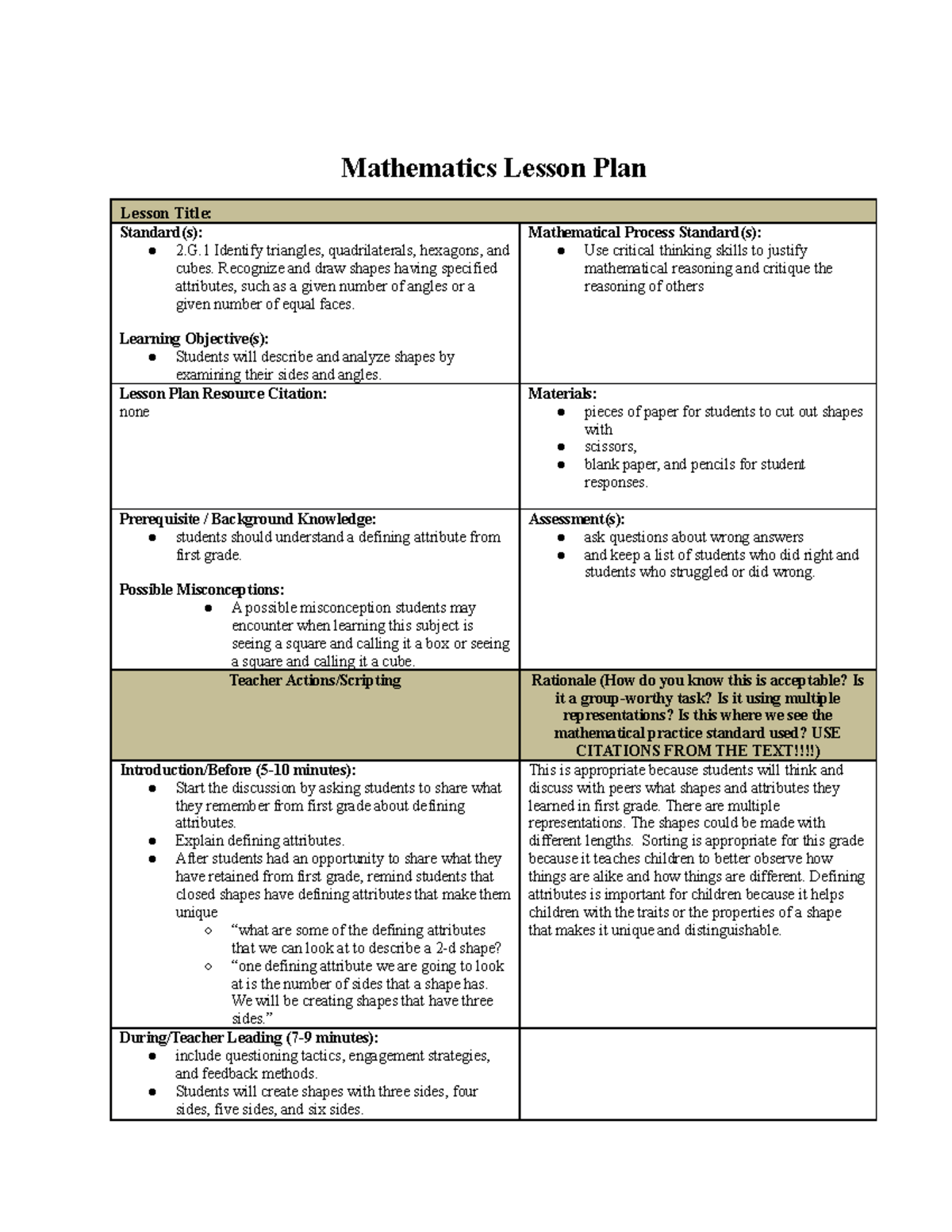 Mathematics Lesson Plan: Identifying and Analyzing Shapes - Studocu
