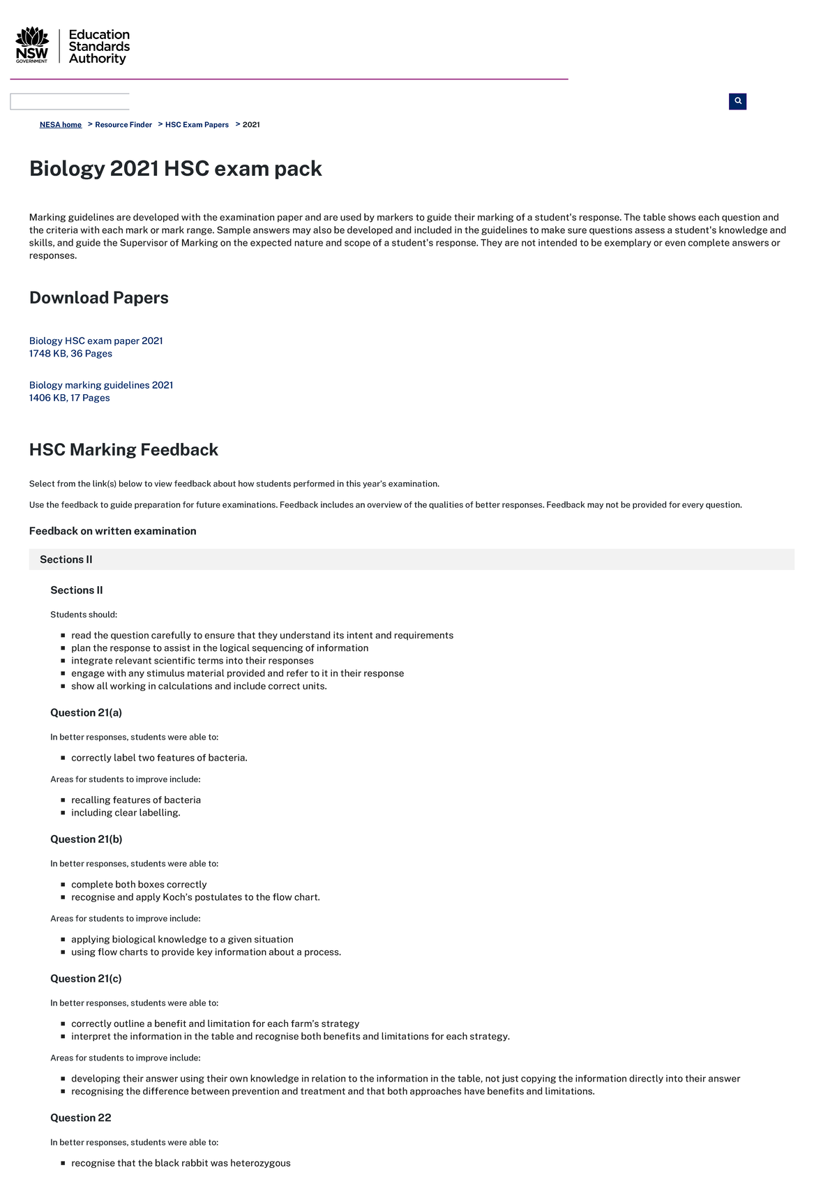 Biology 2021 HSC exam pack NSW Education Standards - NESA home ...