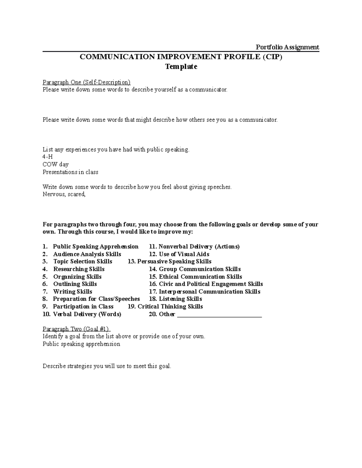 CIP template - com 110 - Portfolio Assignment COMMUNICATION IMPROVEMENT ...