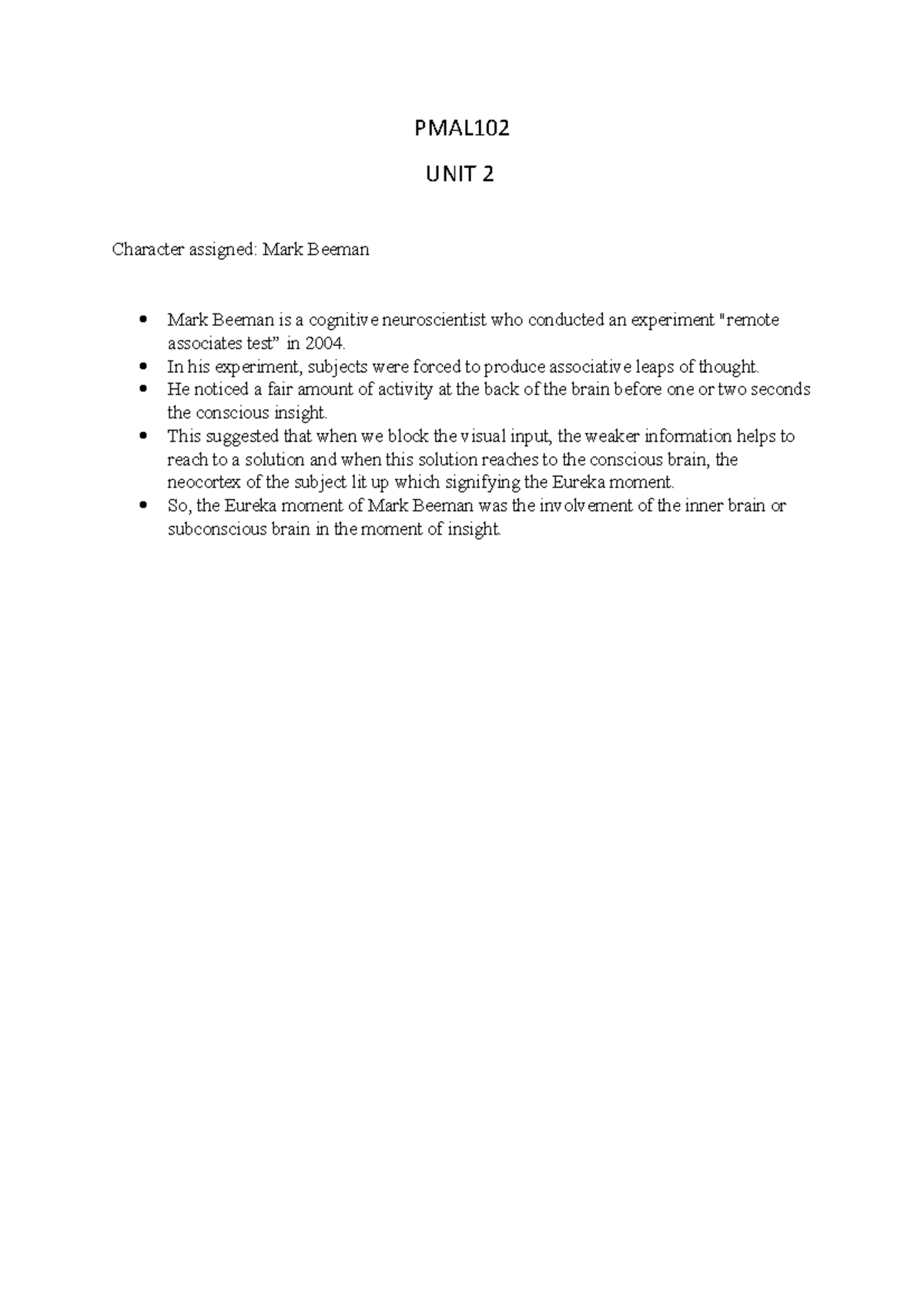 Mark Beeman (Farheen, Priya, Tripti) - PMAL UNIT 2 Character assigned ...