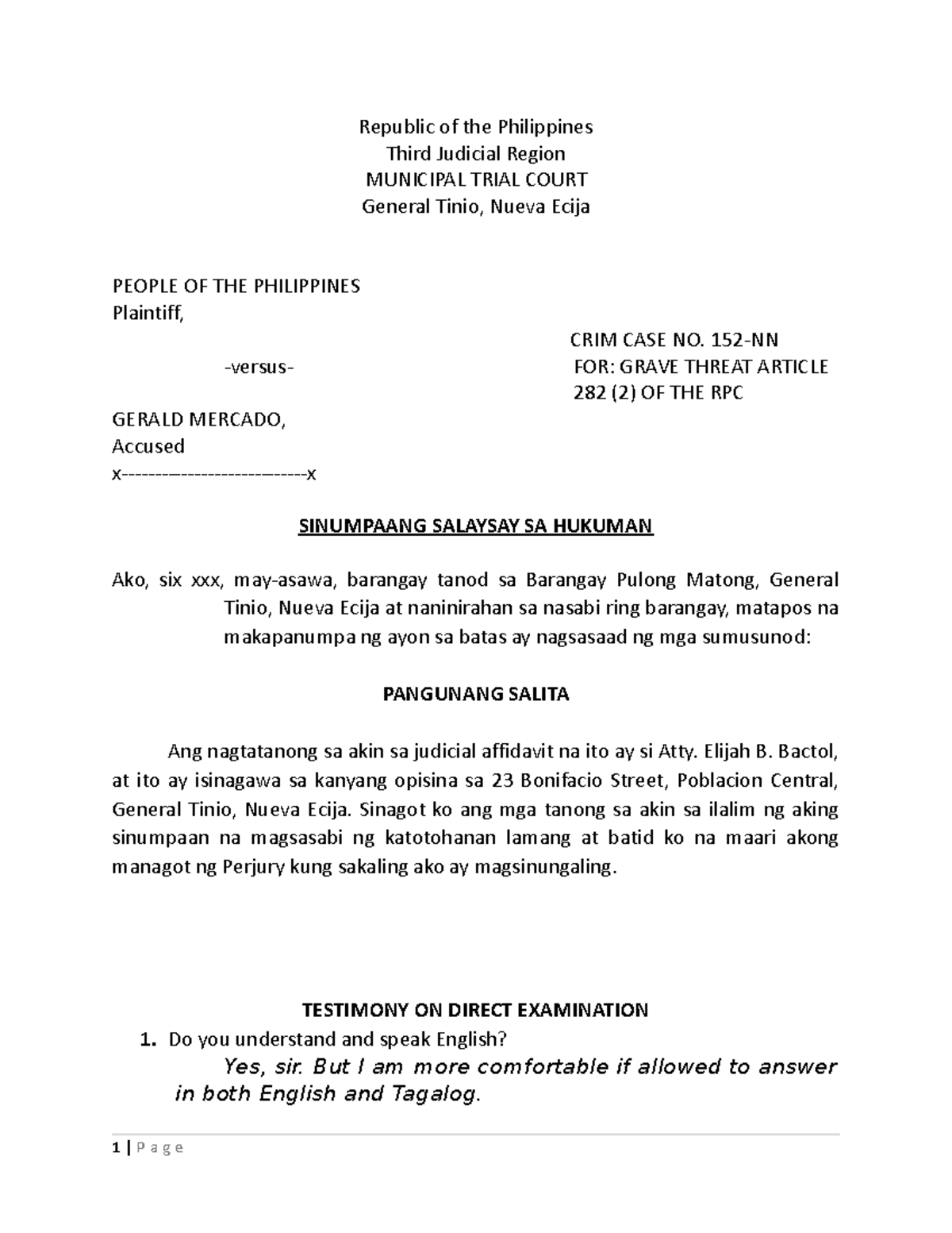 JA-witness of sir mercado - Republic of the Philippines Third Judicial ...