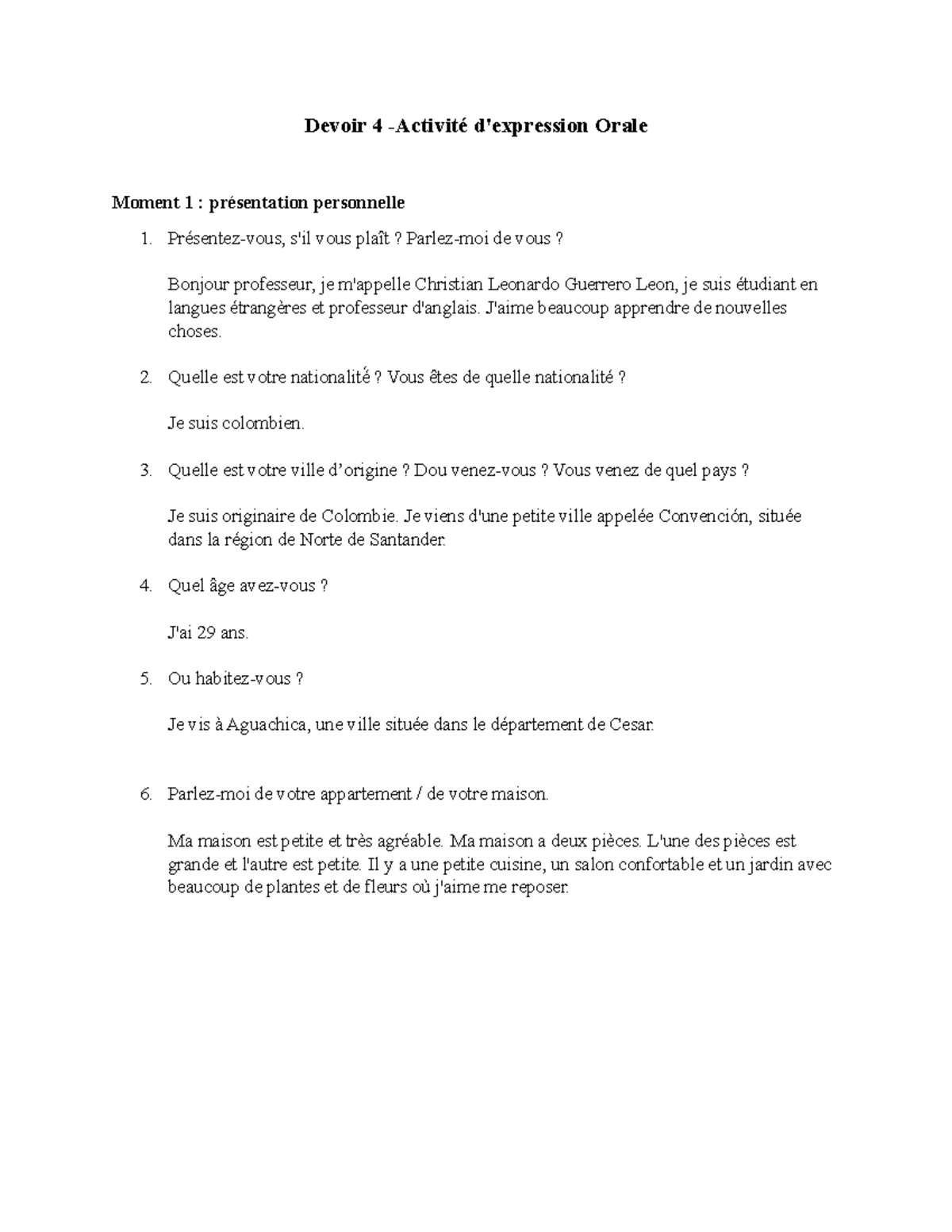 Devoir 4 - UNAD French Activity - Devoir 4 -Activité d'expression Orale ...