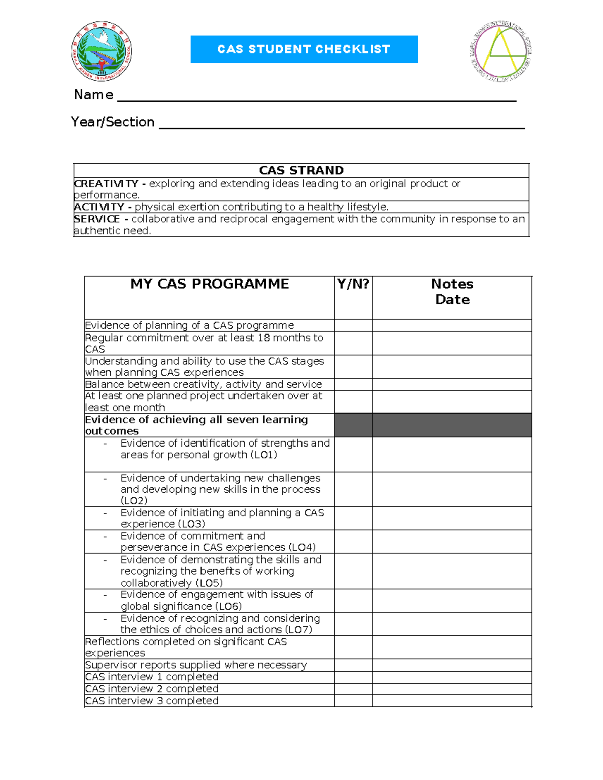 Cas-student-checklist - Name
