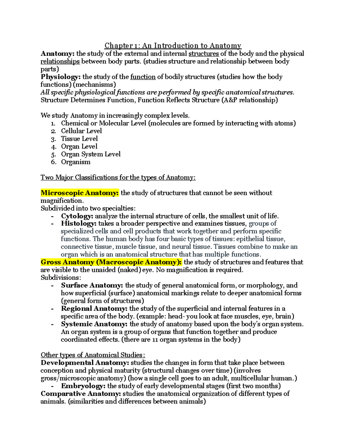Chapter 1 Notes - Chapter 1: An Introduction to Anatomy Anatomy: the ...