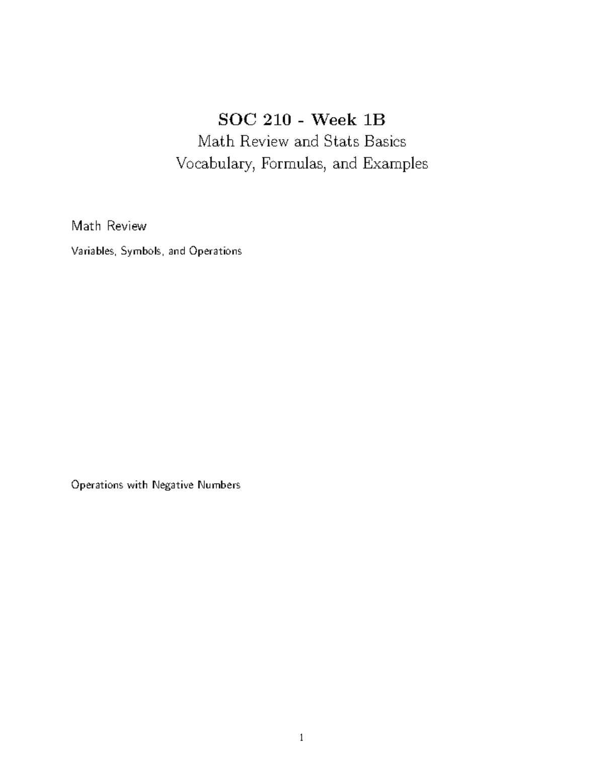 Lecture 1 - SOC 210 - Week 1B Math Review and Stats Basics Vocabulary ...