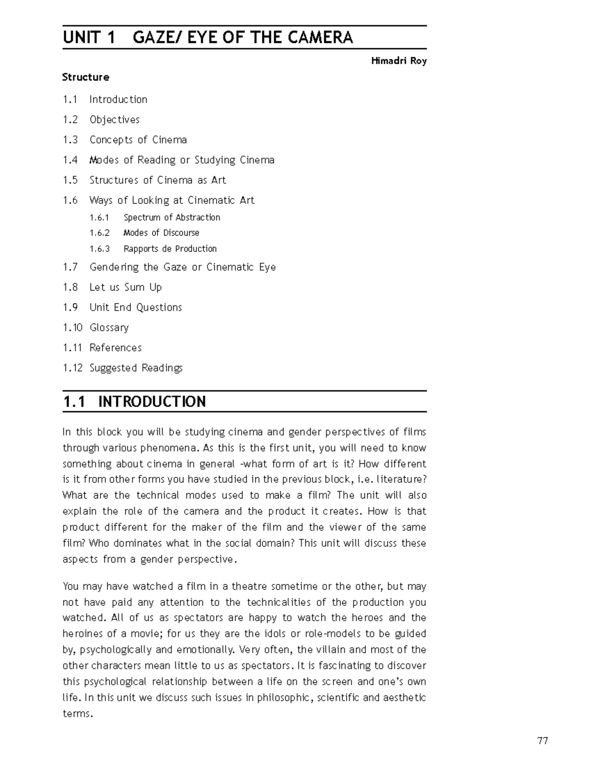 Unit-1 eye of cinema - Lecture notes - Gaze/Eye of the Camera UNIT 1 ...