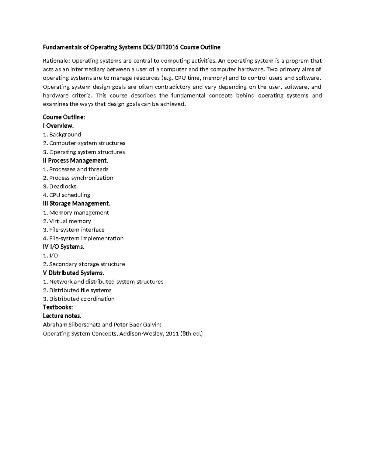 Fundamentals of Operating Systems DCS- Course Outline - Fundamentals of ...