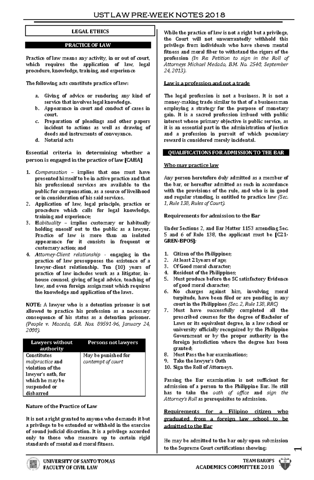 Ust 18 pw ethics - PALE - UST LAW PRE-WEEK NOTES 2018 UNIVERSITY OF ...