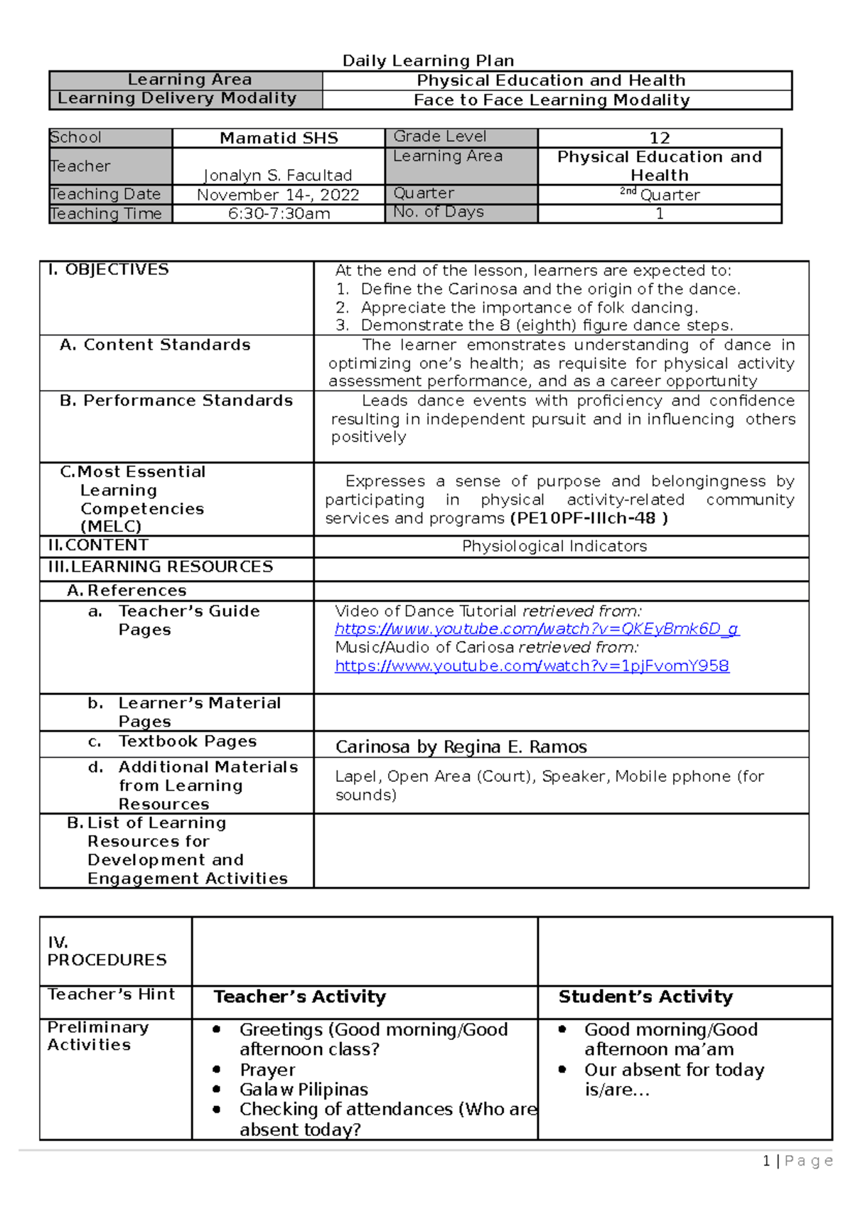 DLP-PE-12 Week 2 - Learning Plan - Daily Learning Plan Learning Area Physical Education and ...