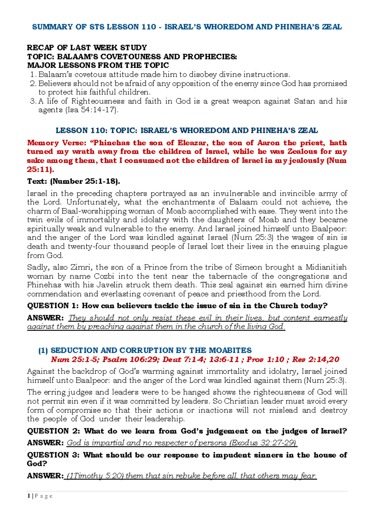 Summary OF STS Lesson 110 - Israel’S Whoredom AND Phineha’S ZEAL - 1 ...