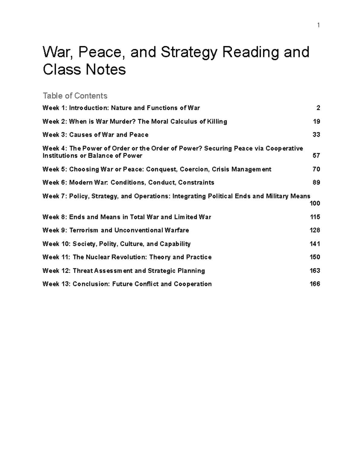 WPS Reading, Class, and Section Notes - War, Peace, and Strategy ...
