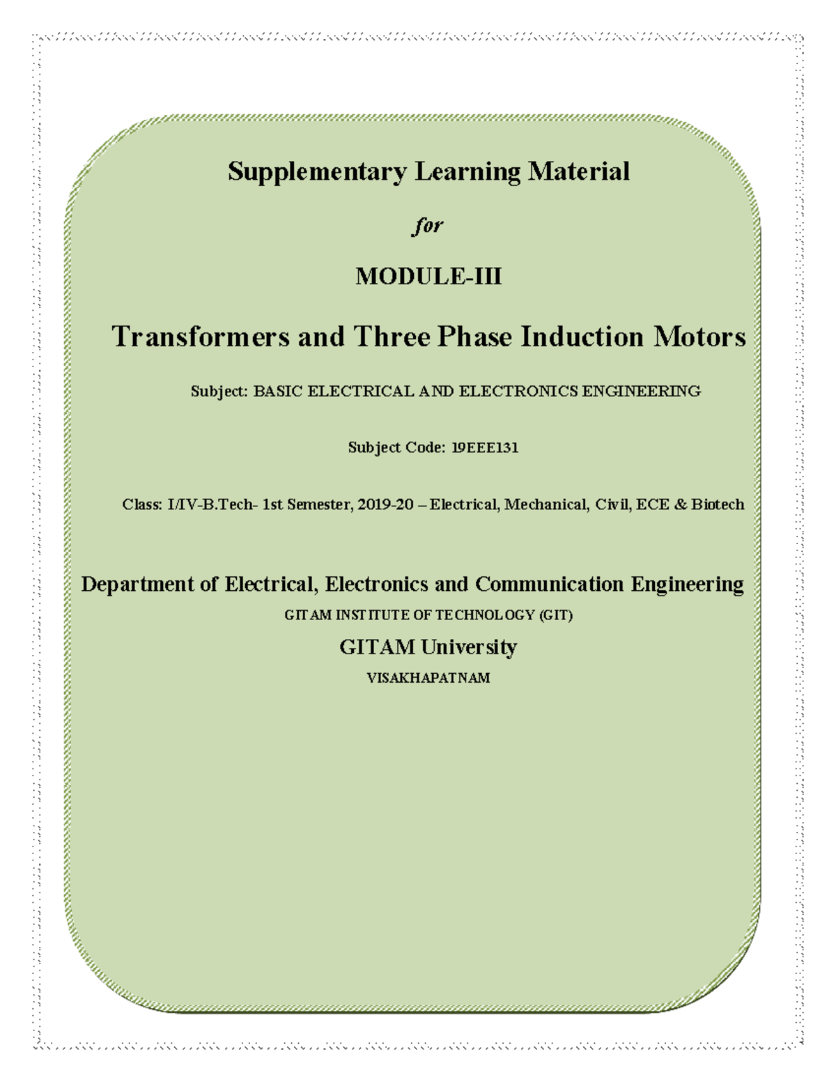 BEEE - Module- III-DC Machines - Supplementary Learning Material for MODULE-III Transformers and ...