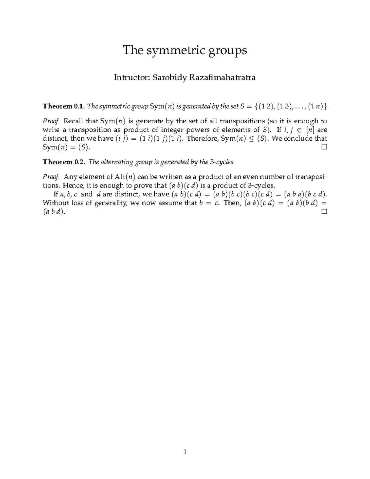Generators of the symmetric group - The symmetric groups Intructor ...