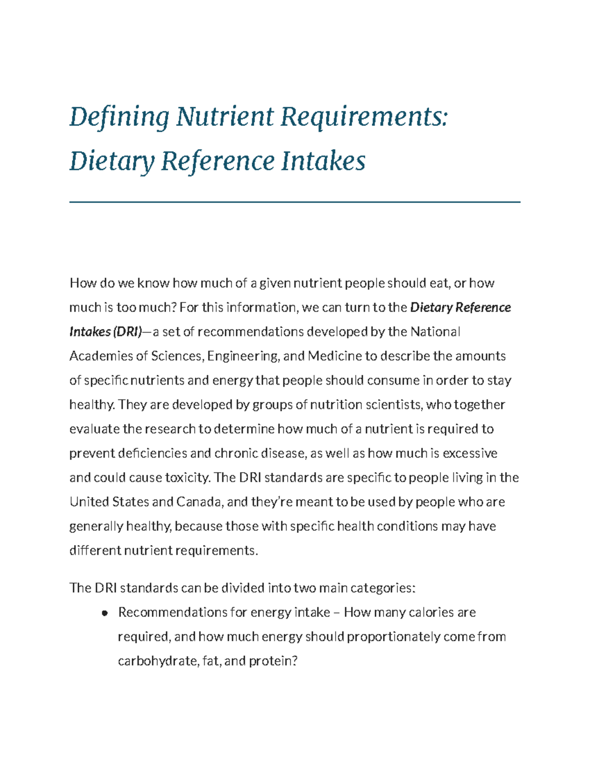 Defining Nutrient Requirements Dietary Reference Intakes - They are ...
